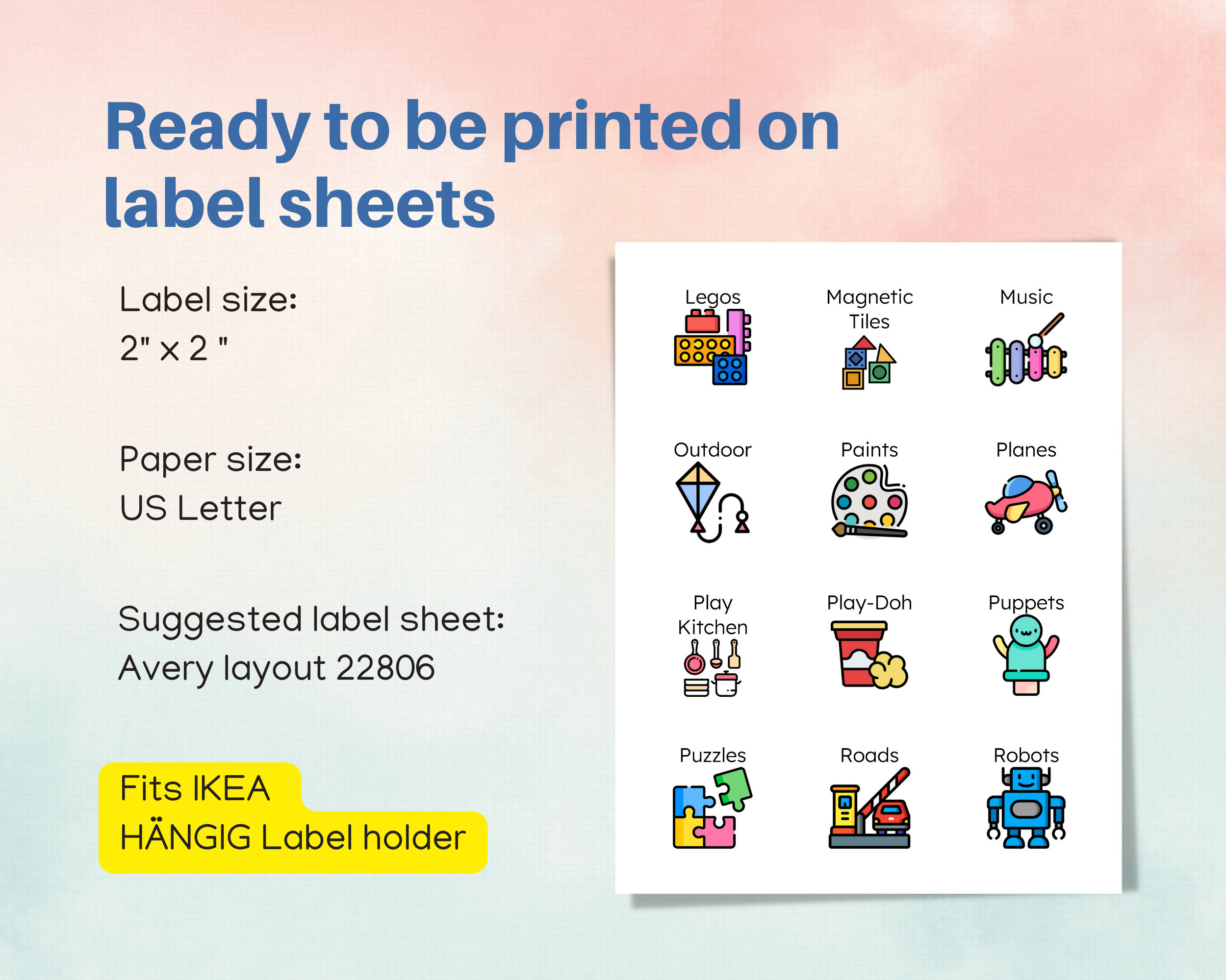 Toy Storage Square Labels, Letter Size, Toy Bin Labels, Toy ...