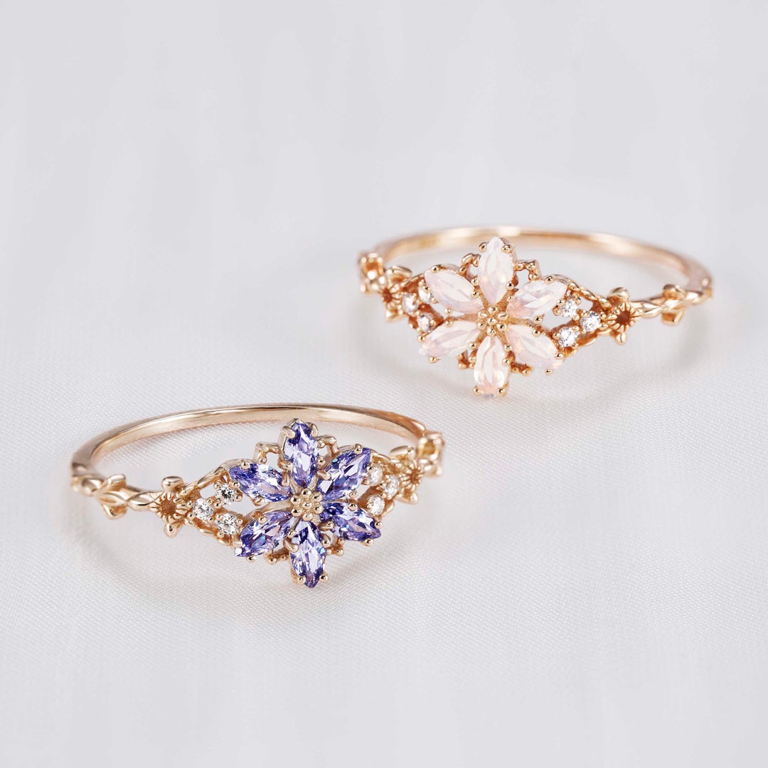 Gemstone Flower Ring, Art Deco 14K Gold Ring, Opal Ring, Gold Tanzanite ...
