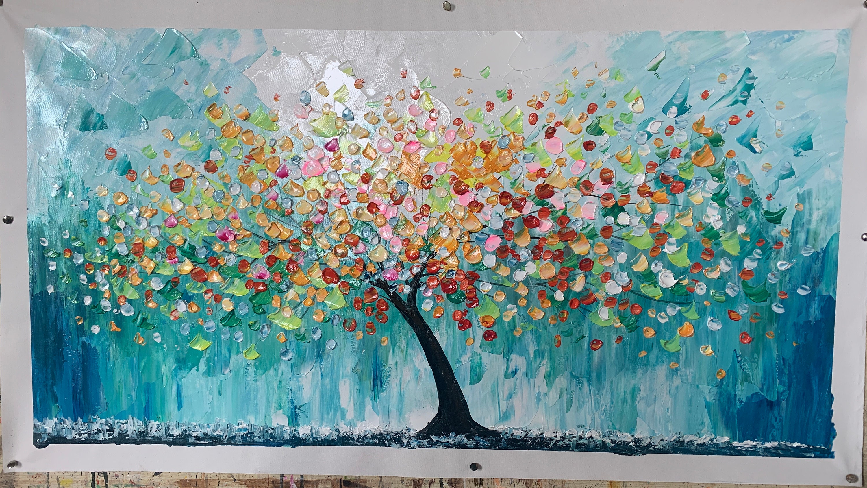 Large 3D Colorful Tree Canvas Oil Painting, Abstract Floral Landscape ...