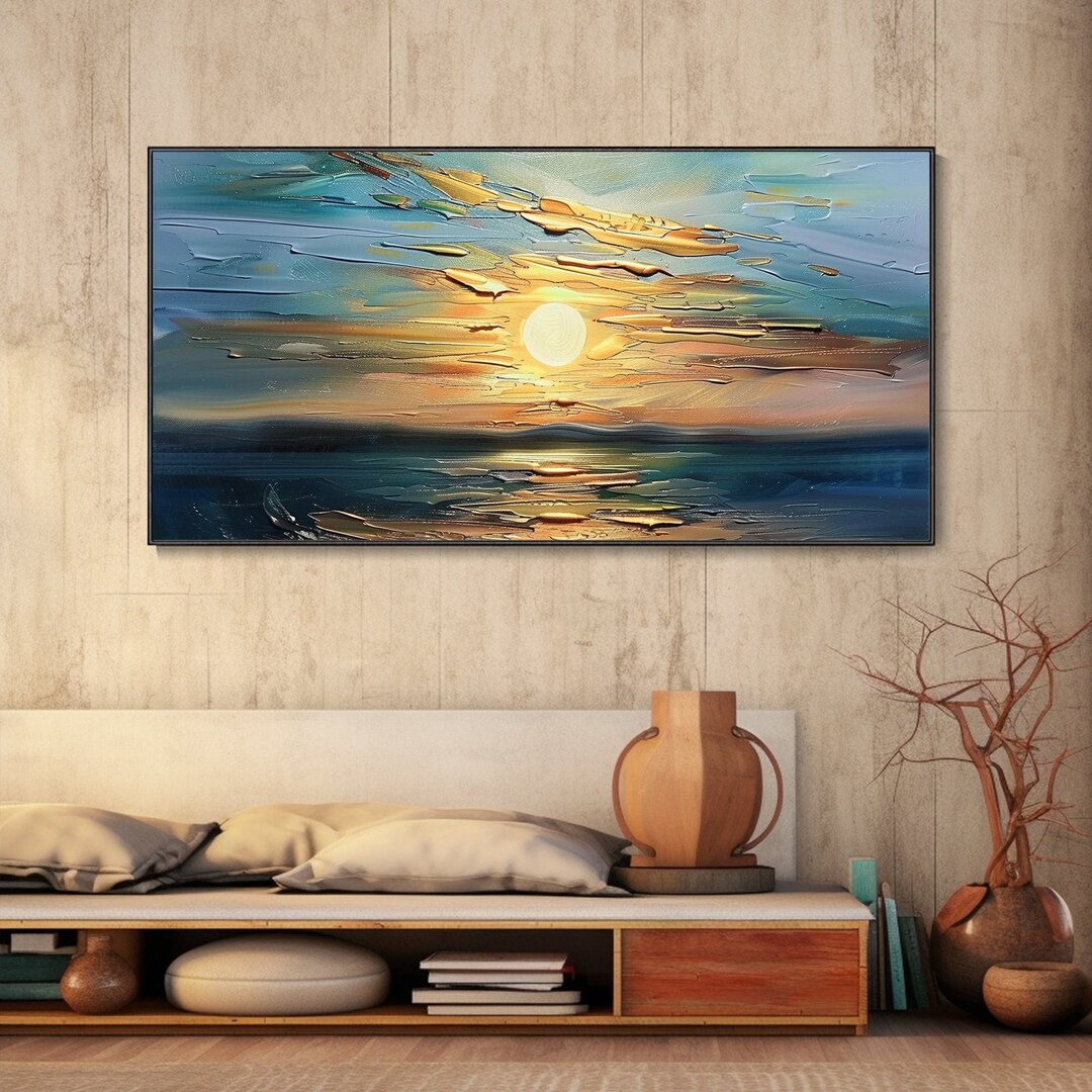 Golden Dusk Seascape Oil Painting Sun Sparkling Texture Sea Sunrise ...