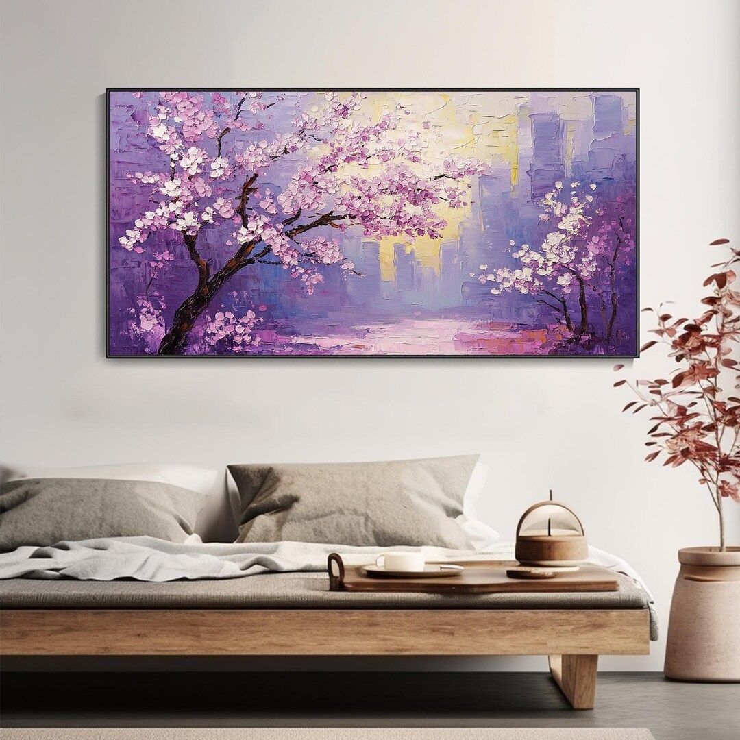 Purple Flower Oil Painting Original City Lake Reflection 3D Texture ...