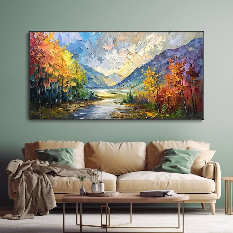 Autumn Valley Landscape Oil Painting Tree River Nature Scenery Artwork ...