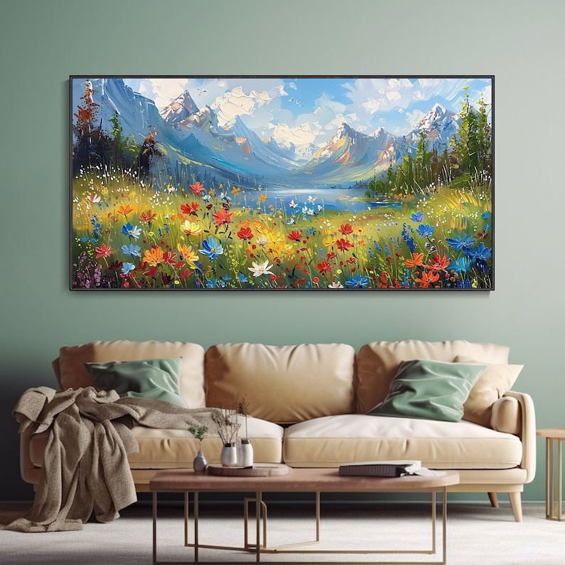 Realistic Nature Landscape Painting Field Wildflower Meadow Hand ...