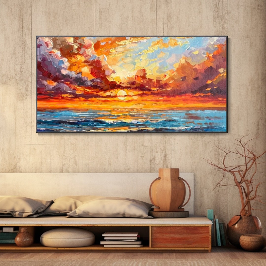 Oil Painting Seaside Evening Sunset Painting Landscape Wall Art ...