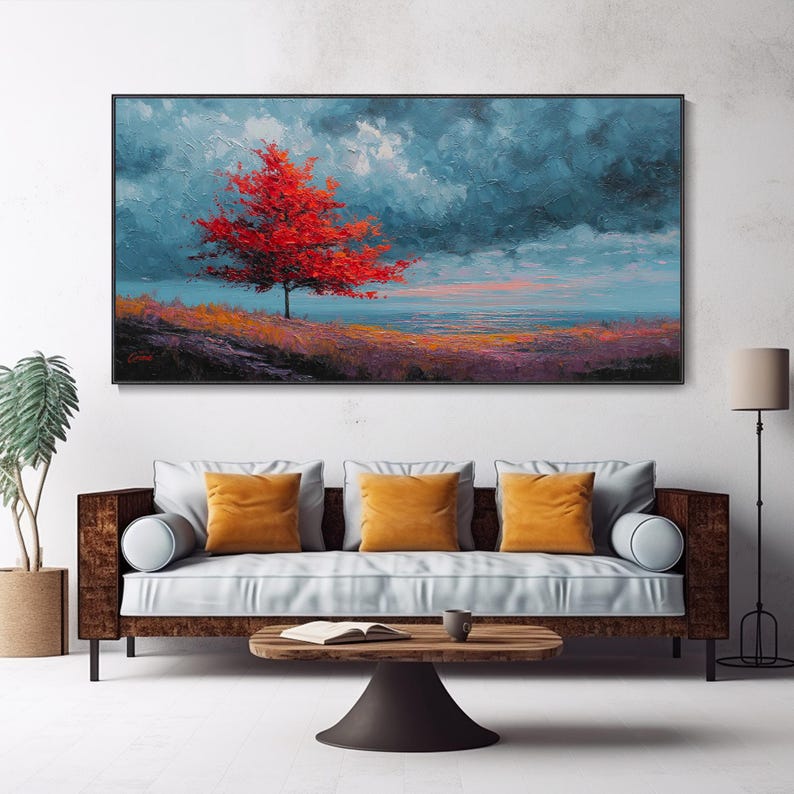 Red Tower Tree Thick Texture Oil Painting Coastal Blue Sky Seascape ...