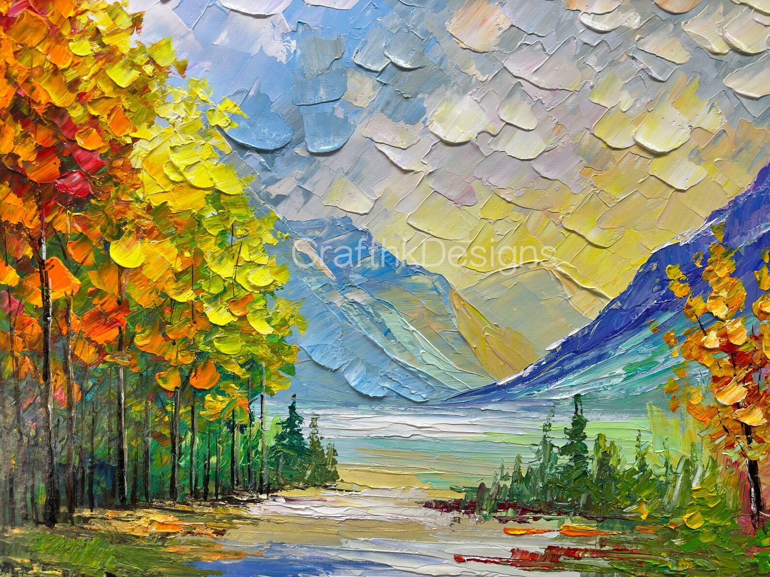 Autumn Valley Landscape Oil Painting Tree River Nature Scenery Artwork ...