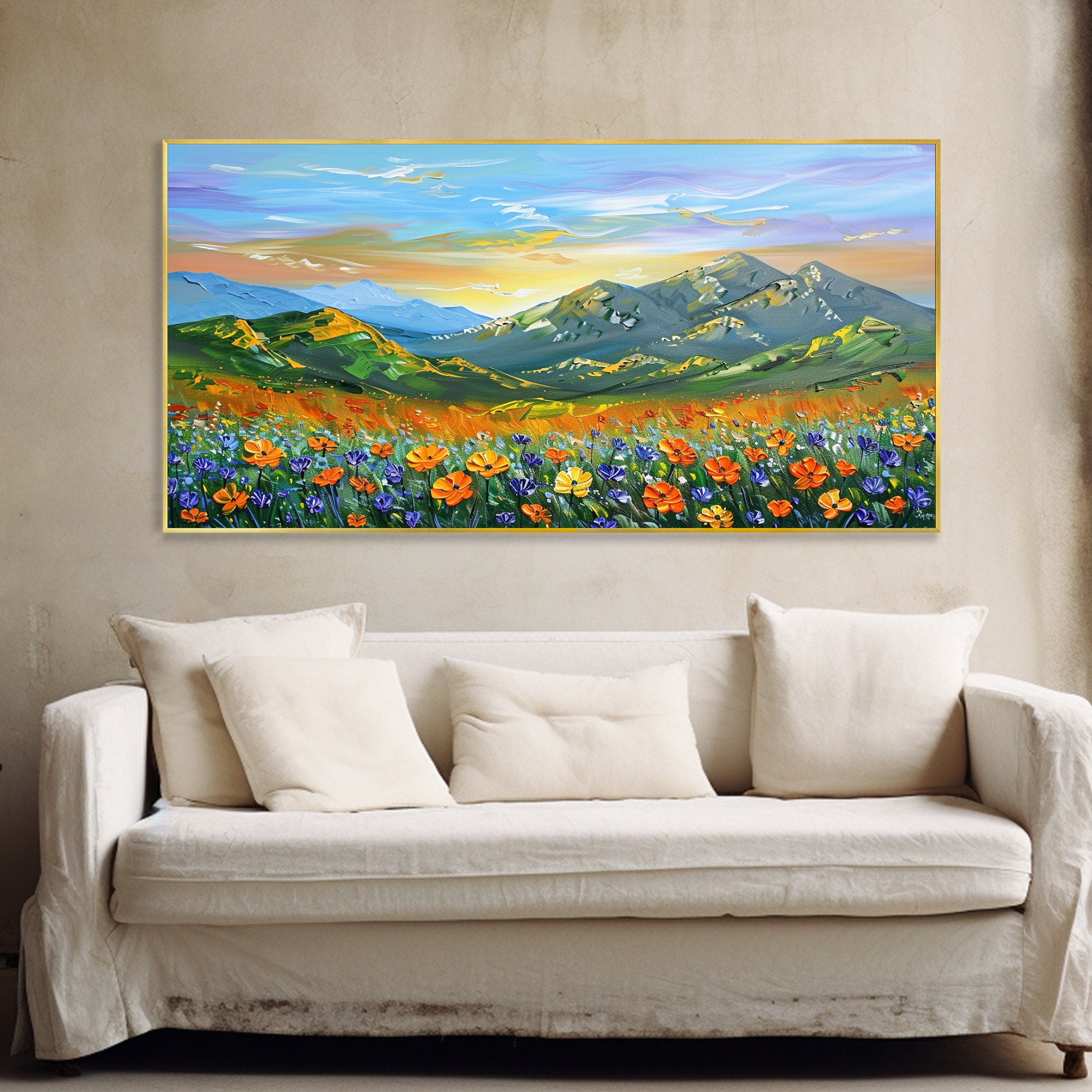 Original Nature Landscape Texture Painting Colorful Flower Field Oil ...