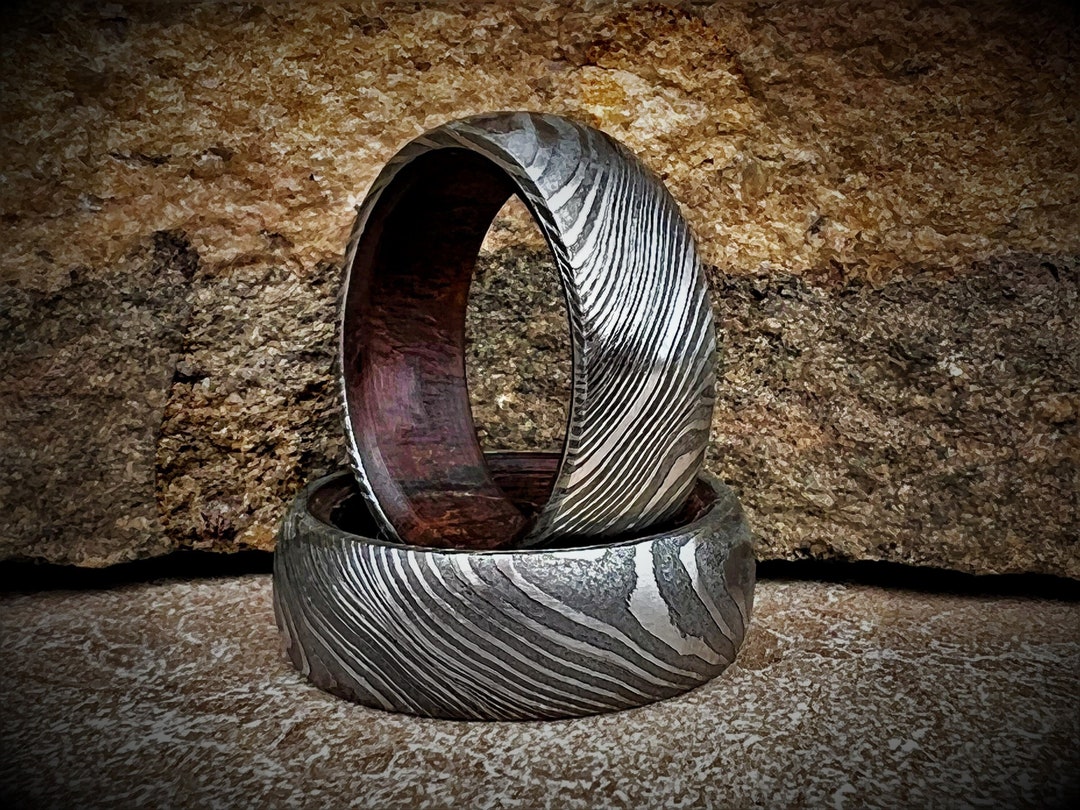 Whiskey Barrel Ring, Handmade Damascus Steel Ring, Brass Inlay Inside ...