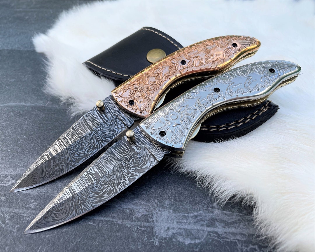Hand Forged Engraved Copper Handle Damascus Knife, Pocket Knife ...