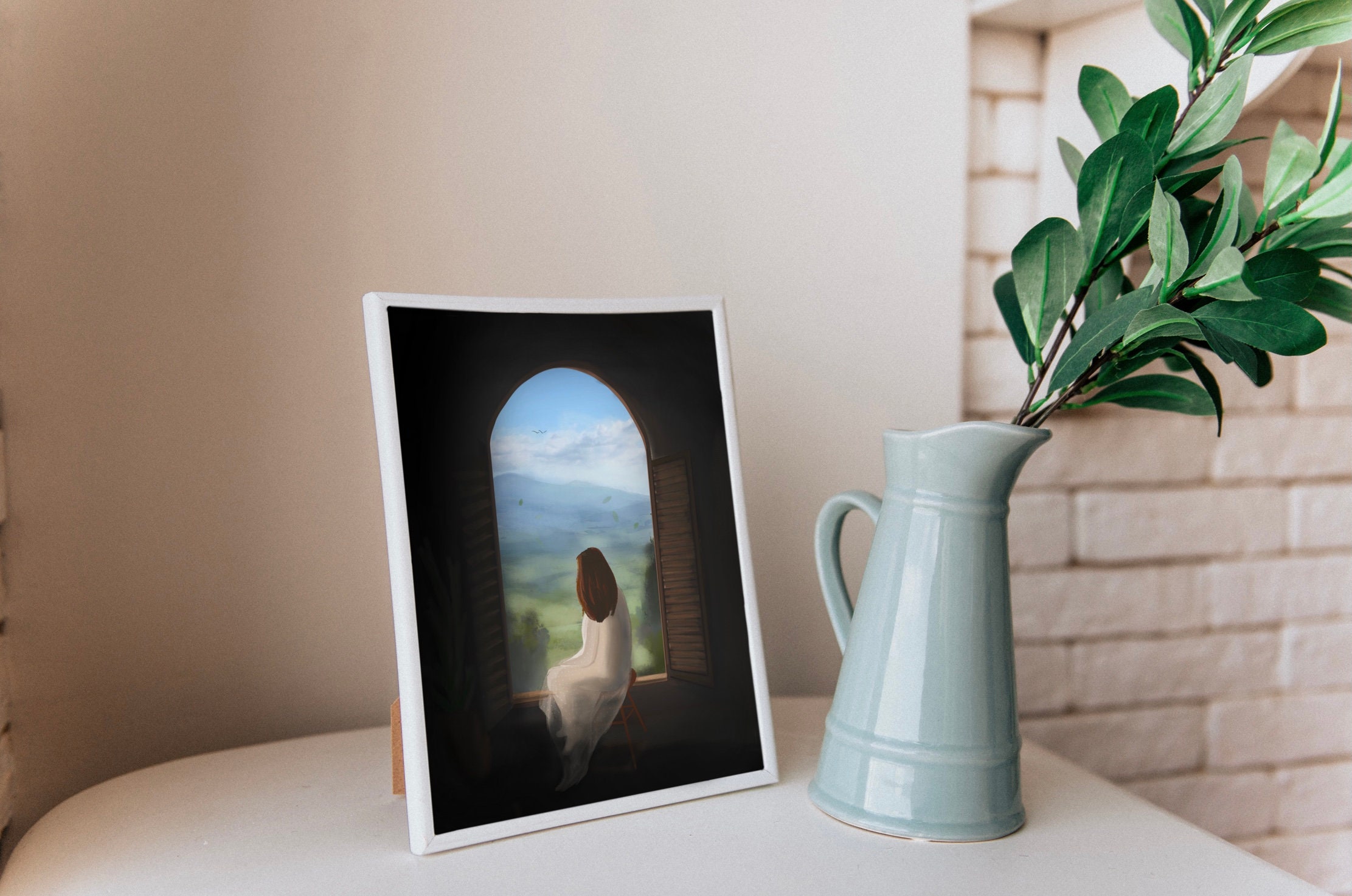 Girl Looking Out Window, Introspective Woman Painting, French Window ...