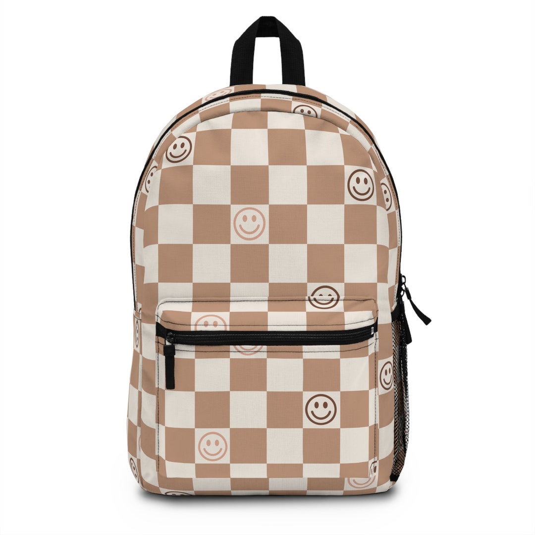 Neutral Cream and Brown Smiley Face & Checkered Backpack - Etsy