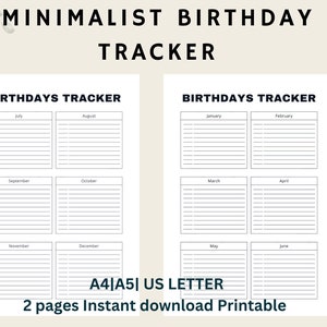 Minimalist Birthday Tracker Printable: Birthday Reminder Template (PDF ...