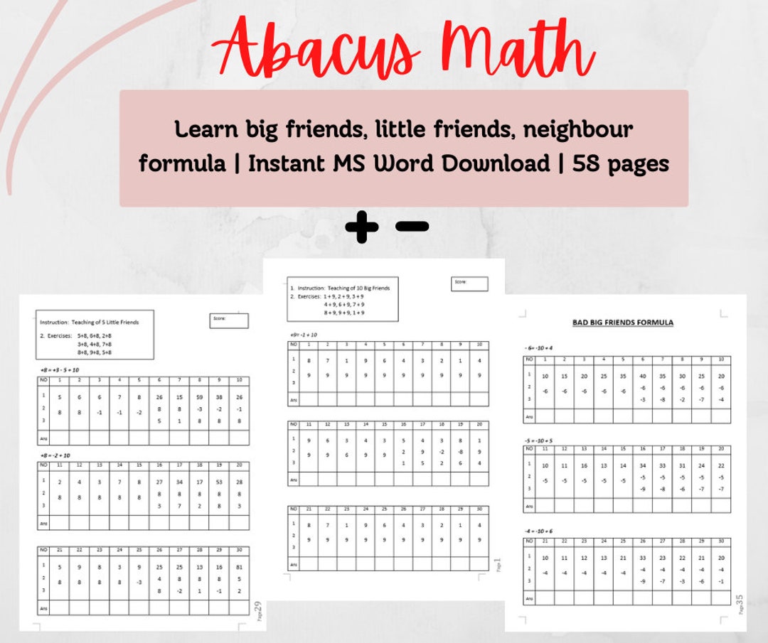 Abacus Math Worksheet: Big, Little Friends, Neighbours Formula (PDF) - Etsy