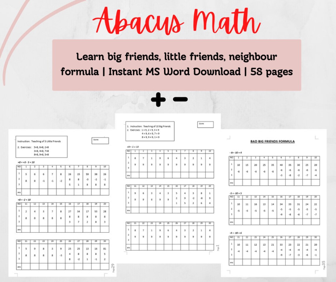 Abacus Math Worksheet: Big, Little Friends, Neighbours Formula (PDF) - Etsy