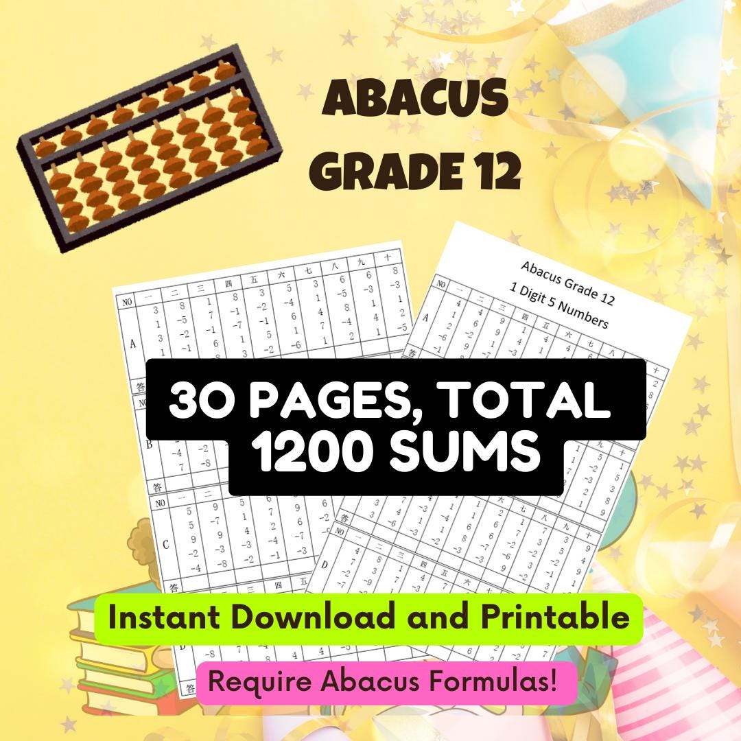 Grade 12 Abacus Math Worksheets: Soroban Beginner Formulas (PDF) - Etsy