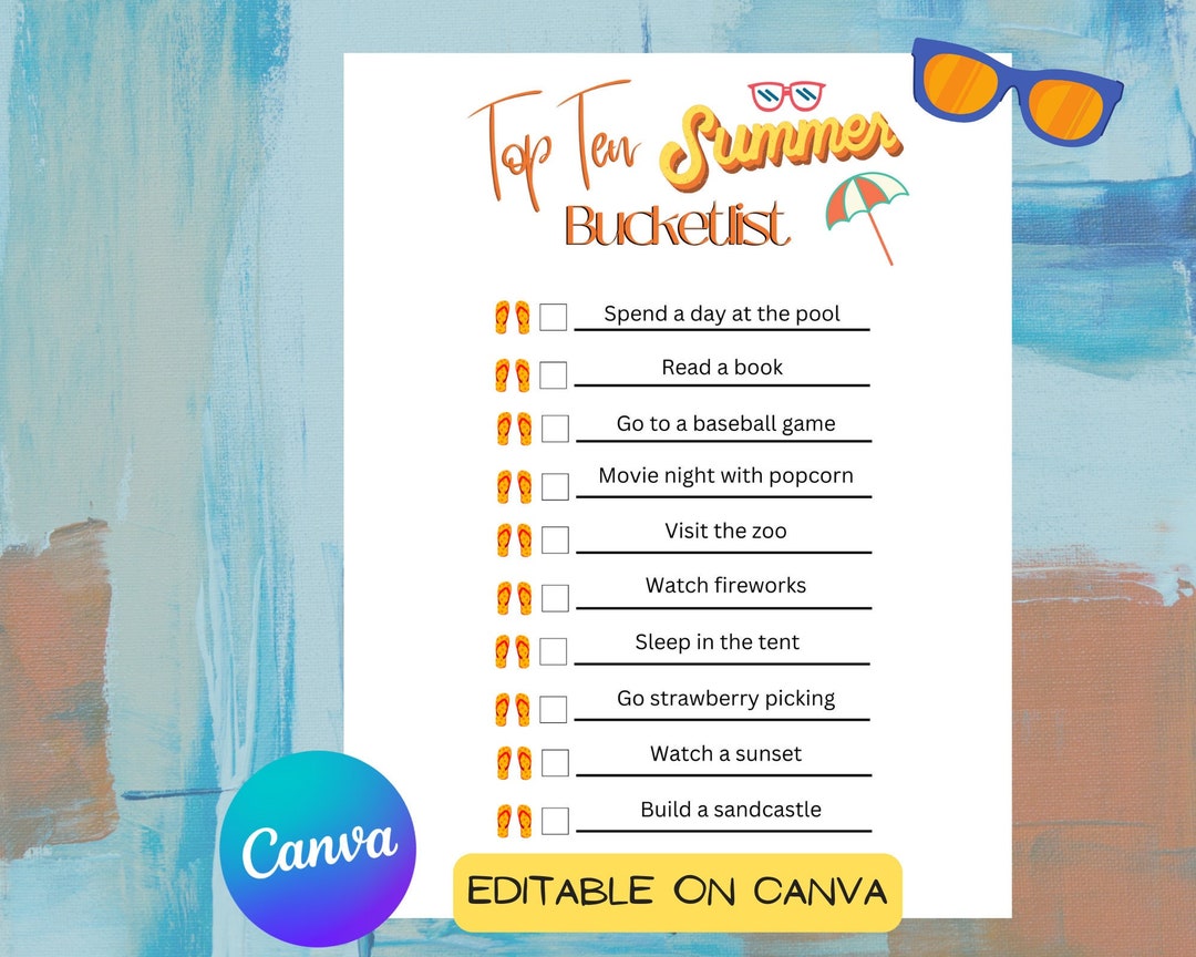 Editable Summer Bucket List for Kids: Canva Template (PDF) - Etsy
