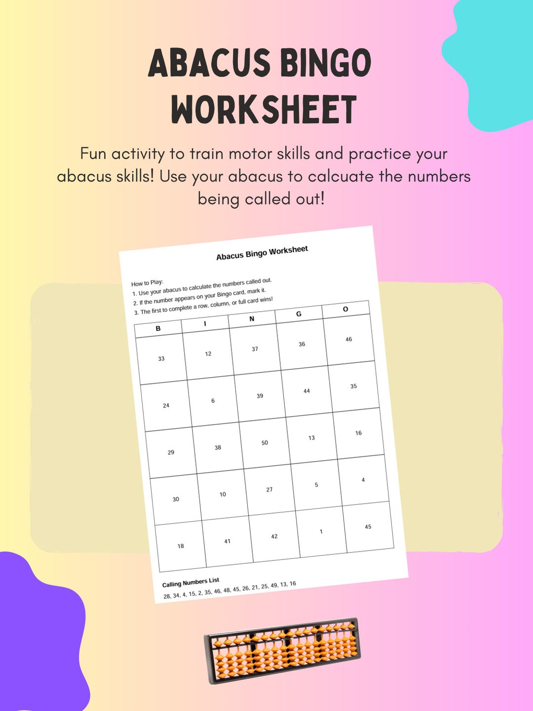 Abacus Bingo Worksheet, Bingo Cards, Math Bingo, Digital Copy, Instant ...