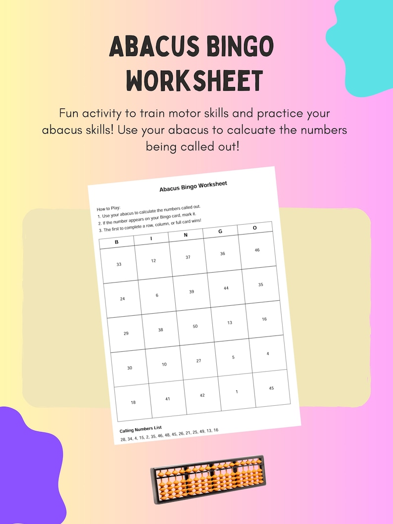 Abacus Bingo Worksheet, Bingo Cards, Math Bingo, Digital Copy, Instant Download, Play to Learn ...