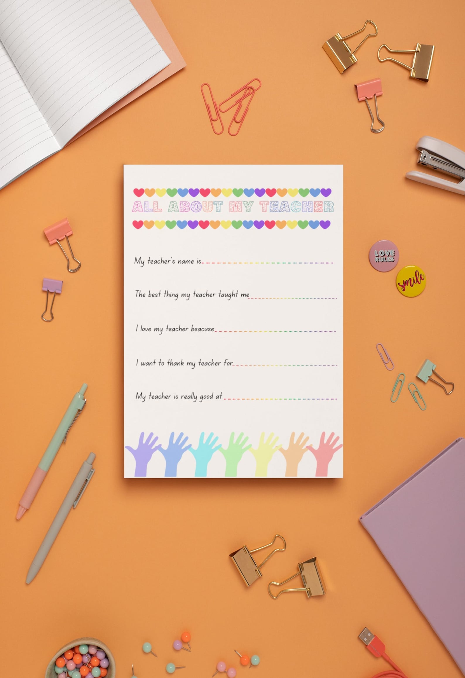 Rainbow All About My Teacher Printable, Memory and Keepsake for School ...