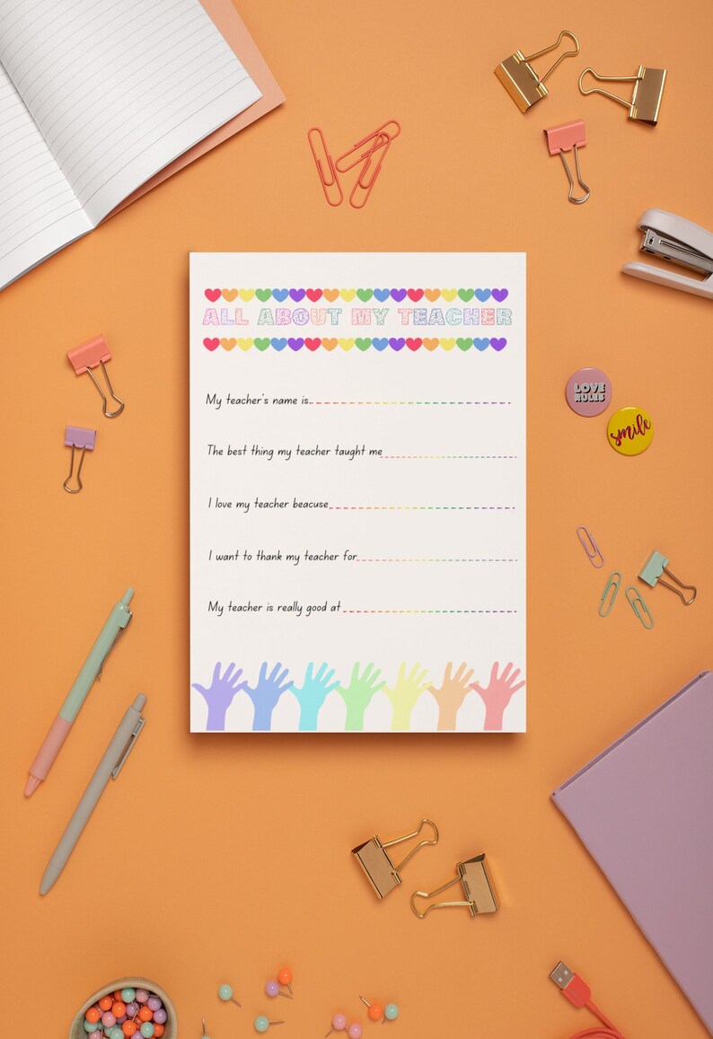 Rainbow All About My Teacher Printable, Memory and Keepsake for School ...