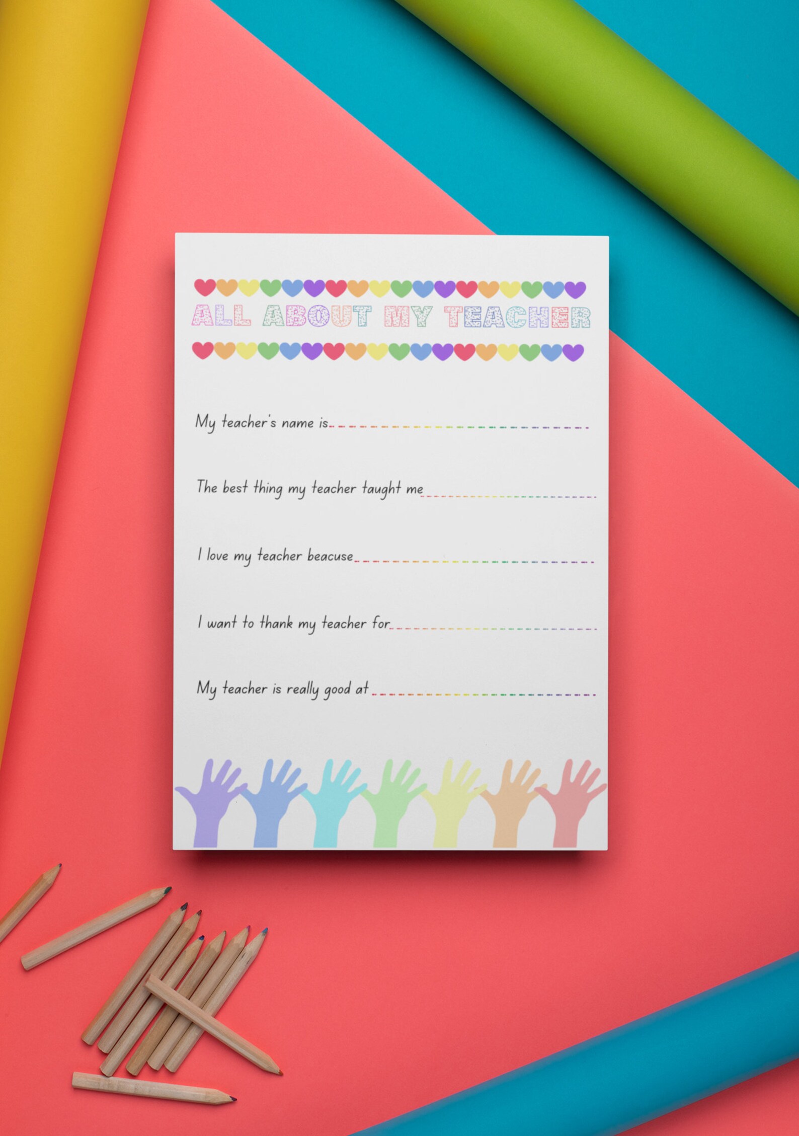 Rainbow All About My Teacher Printable, Memory and Keepsake for School ...
