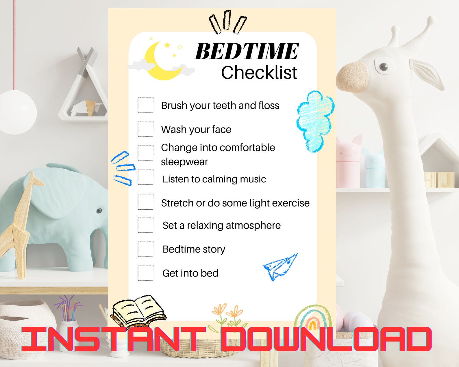 Kids Bedtime Checklist Printable, Daily Checklist Kids, Bedtime Routine ...