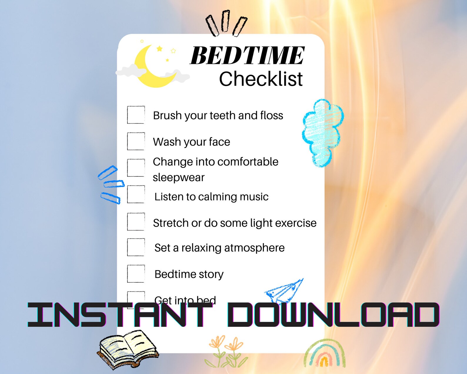 Kids Bedtime Checklist Printable, Daily Checklist Kids, Bedtime Routine ...