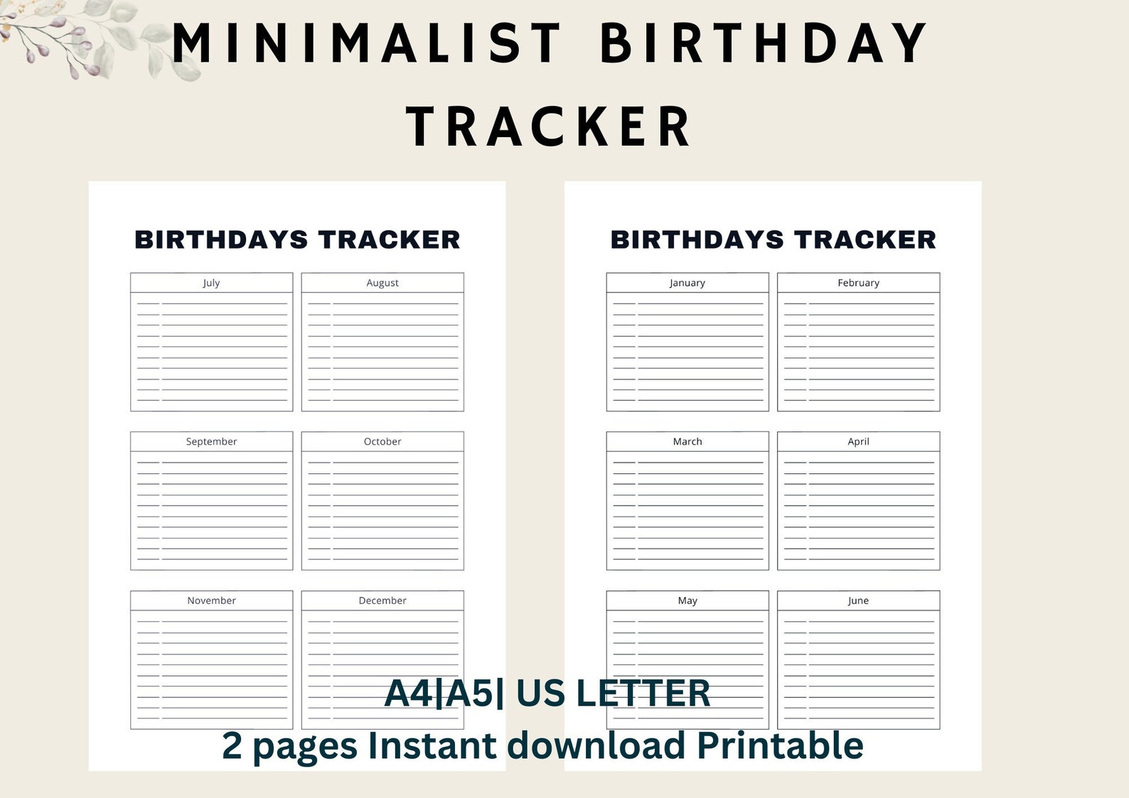 Minimalist Birthday Tracker Printable: Birthday Reminder Template (PDF ...