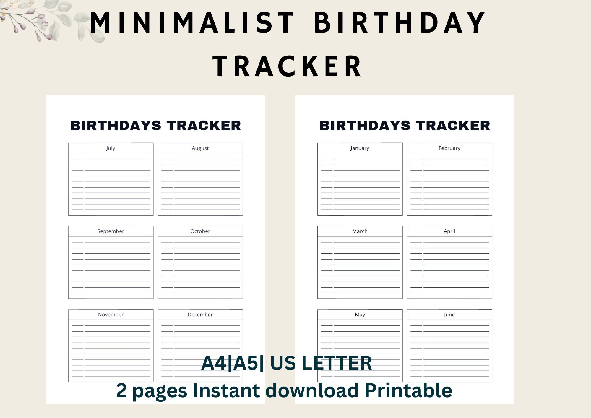 Minimalist Birthday Tracker Printable, Birthday Reminder Template ...