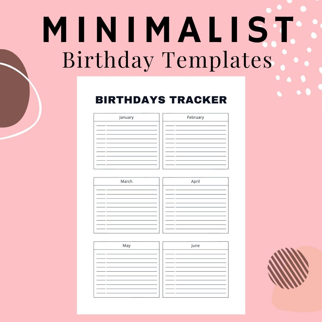 Minimalist Birthday Tracker Printable: Birthday Reminder Template (PDF ...