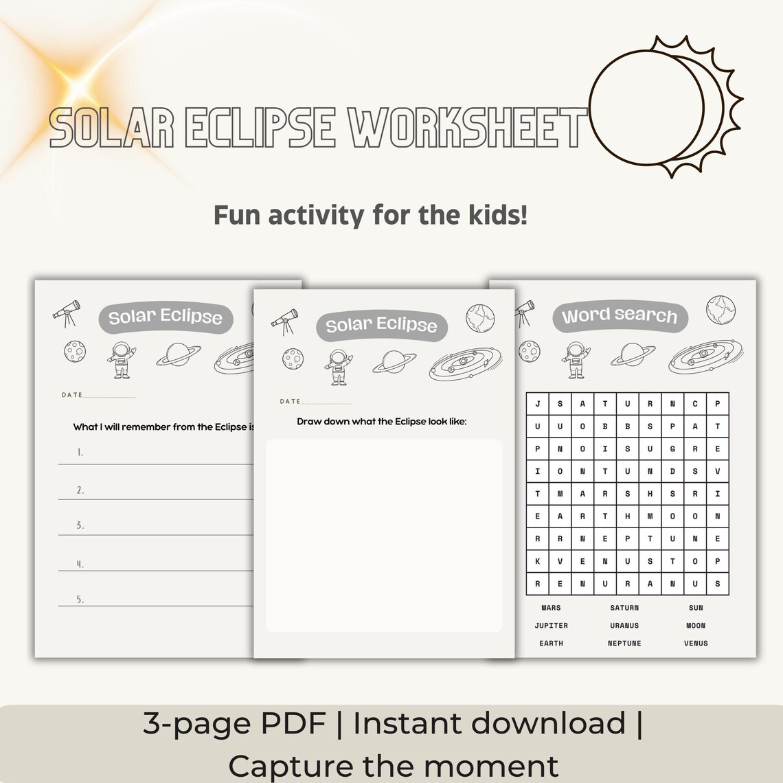 Solar Eclipse Worksheet| Solar Printable for Kids| Solar Classroom ...