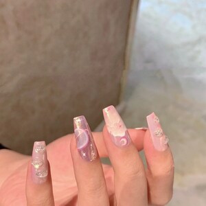Pink Planet-cute Love Hand Painted Moon Clouds Pink Nails Diamond Long ...