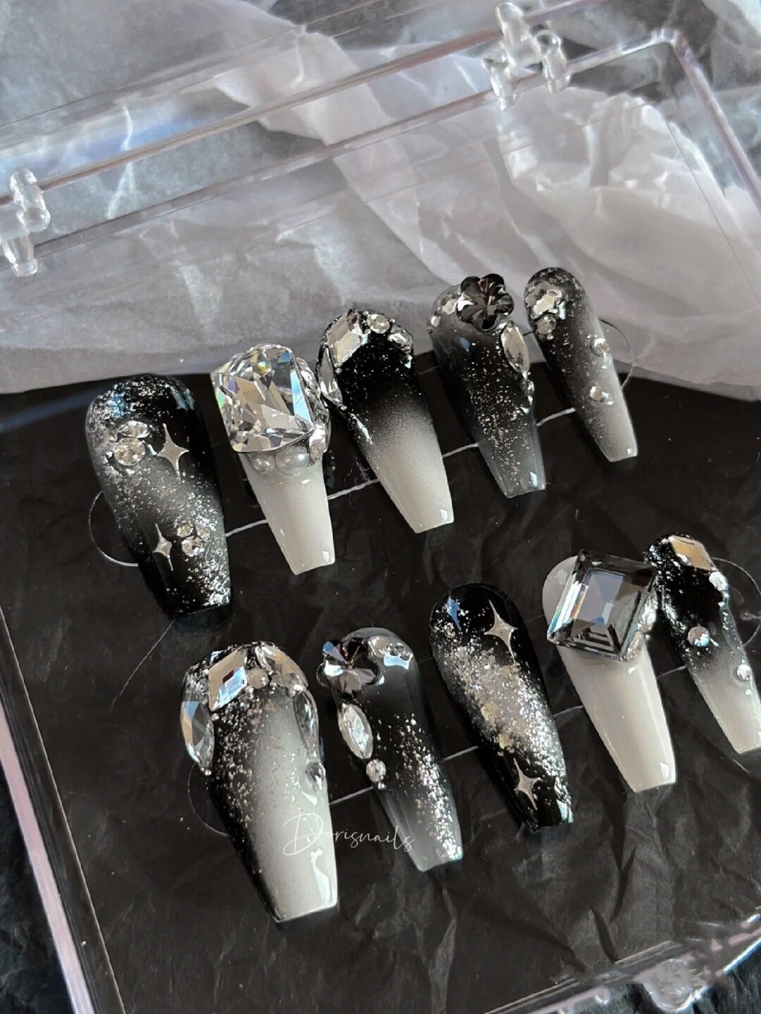 Black Luxury Glitter Shiny Silver Star Nails White Ombre Pearl Press on ...