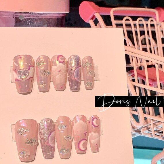 Pink Planet-cute Love Hand Painted Moon Clouds Pink Nails - Etsy