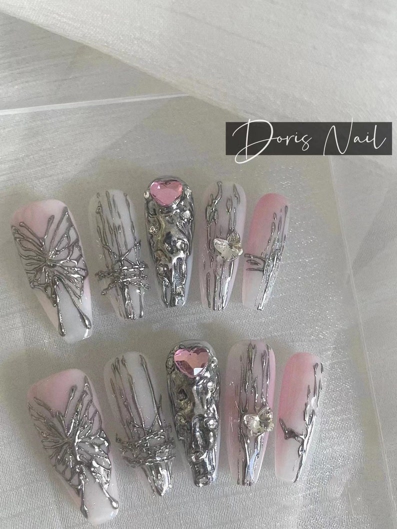 Pink Gradient White Punk Y2k Style Silver Hand-painted - Etsy