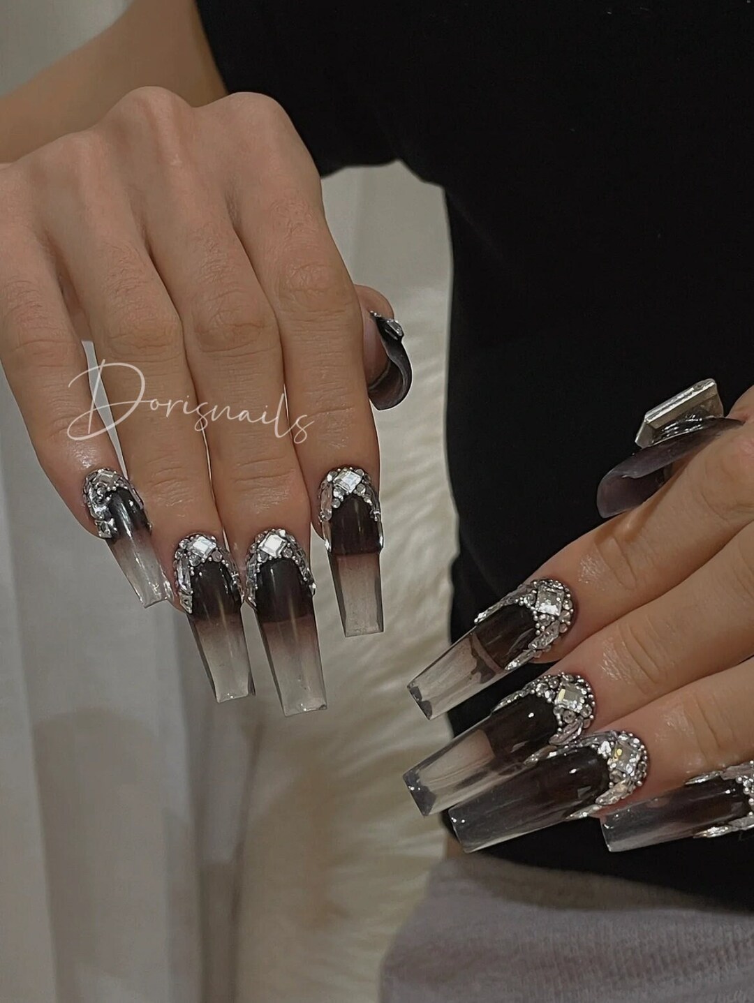 Black Swan Tiara-classic Black and White Ombre Transparent Gel Nails ...