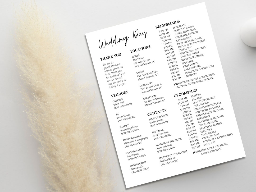 Printable Wedding Day Timeline Template: Editable Canva Schedule (8 ...