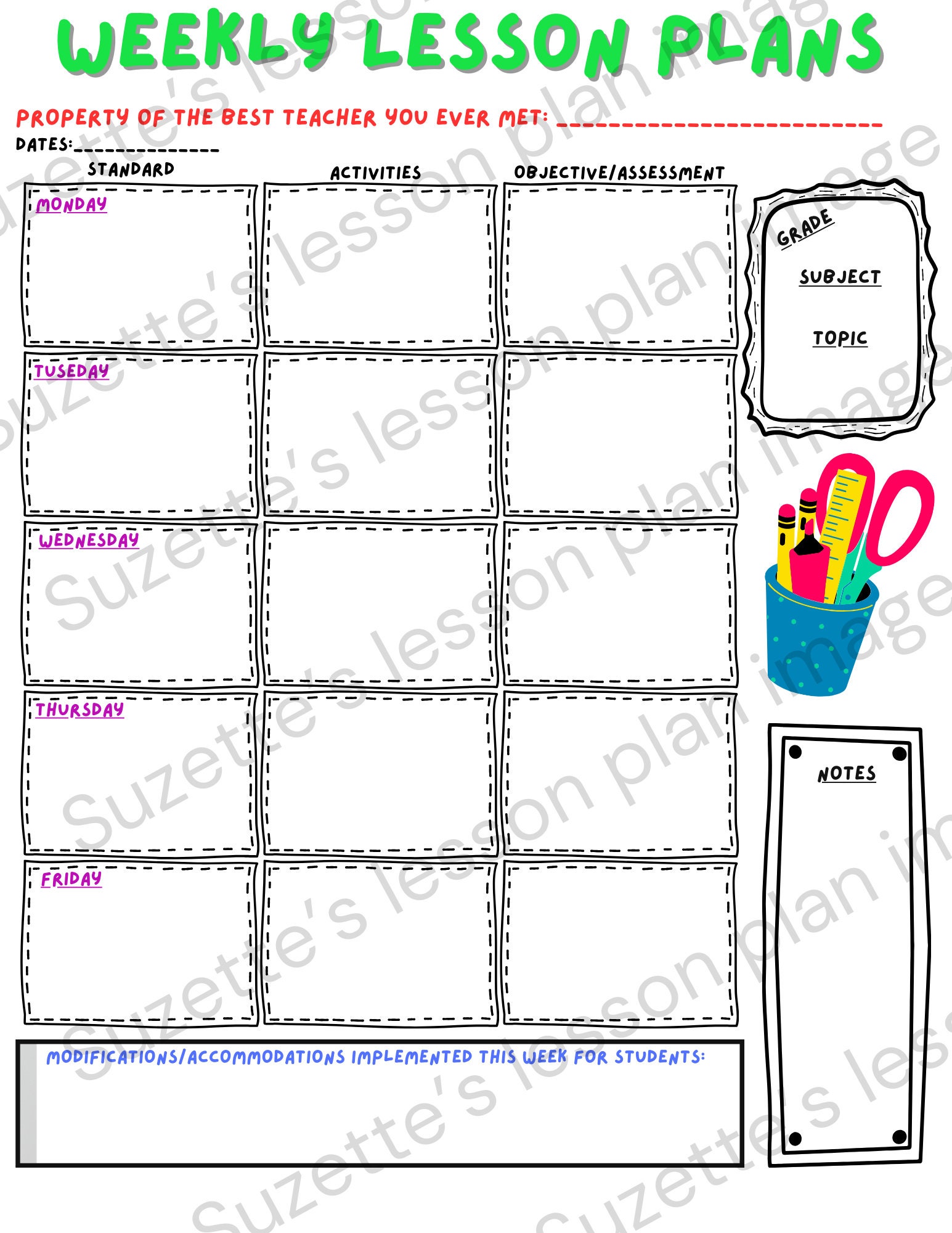 Teacher Weekly Lesson Plan - Etsy