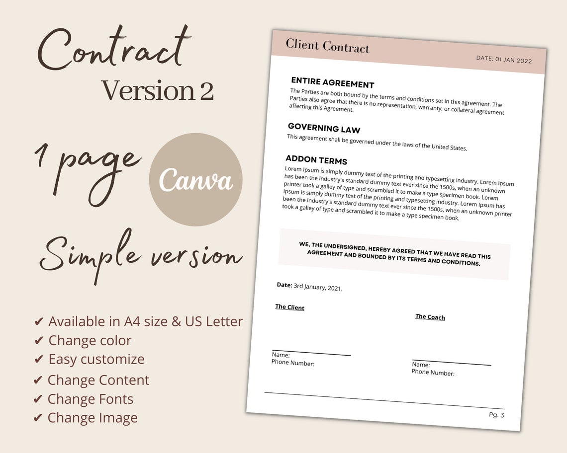 Editable Client Contract Template for Coaching, Agreement Template for ...