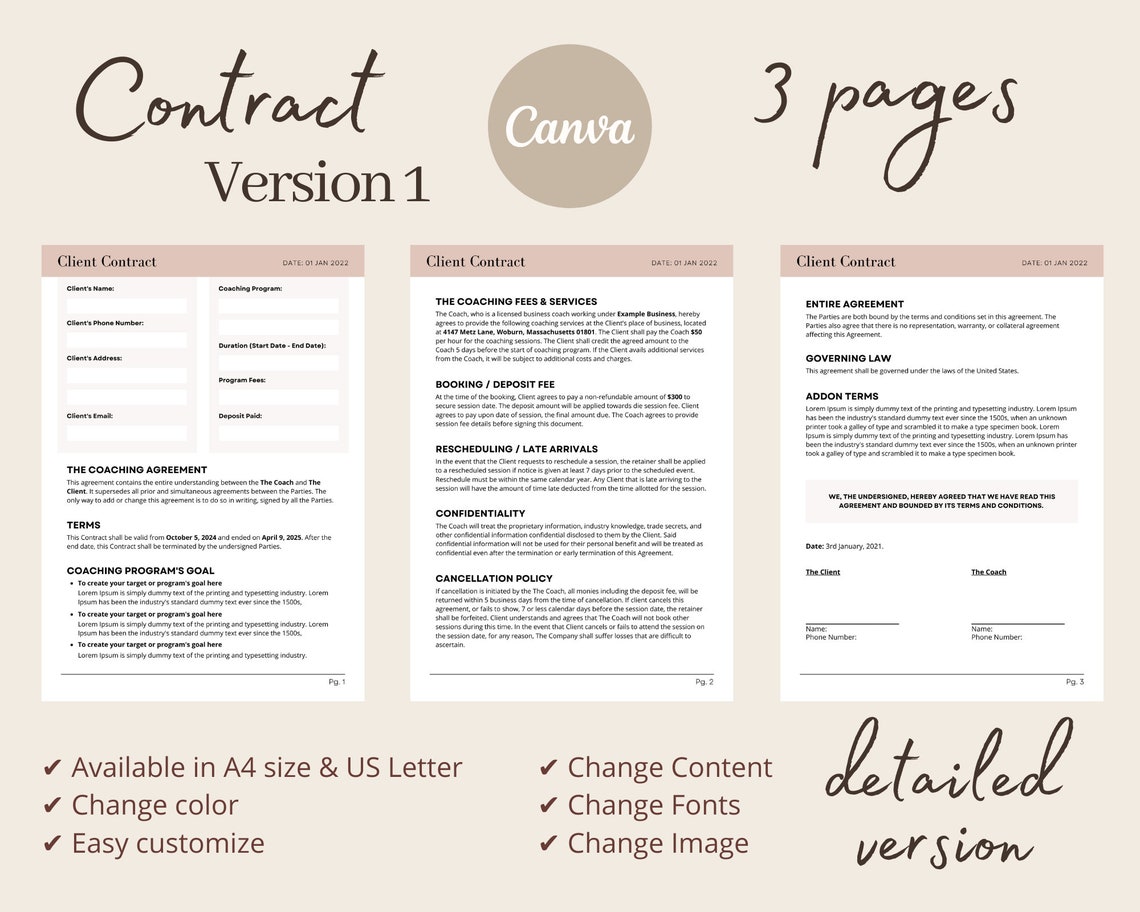 Editable Client Contract Template for Coaching, Agreement Template for ...