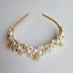 Pearl Headband, Pearl Crown, Gold Halo Crown, Beach Bridal Hair ...