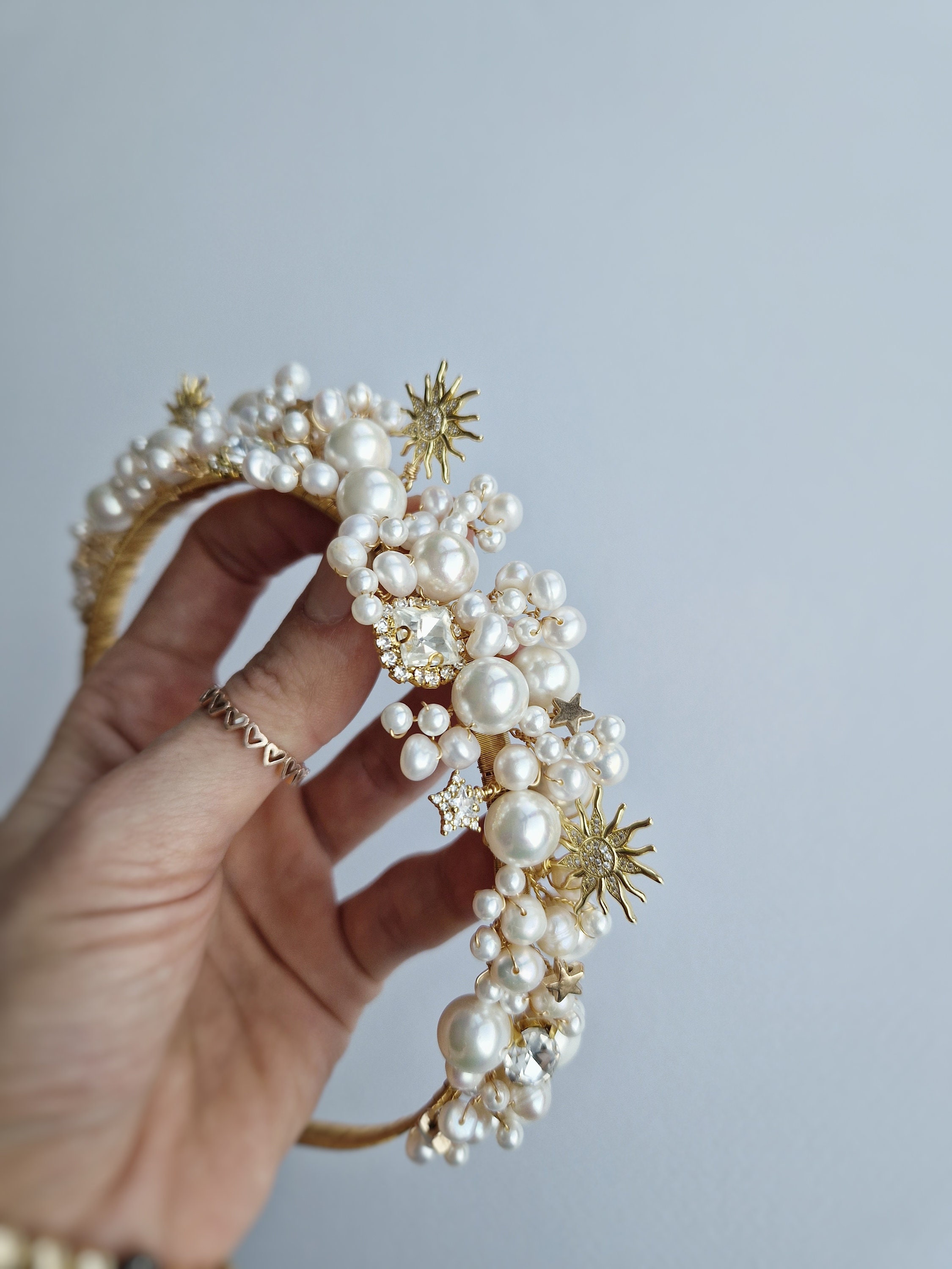 Pearl Headband, Pearl Crown, Gold Halo Crown, Beach Bridal Hair ...