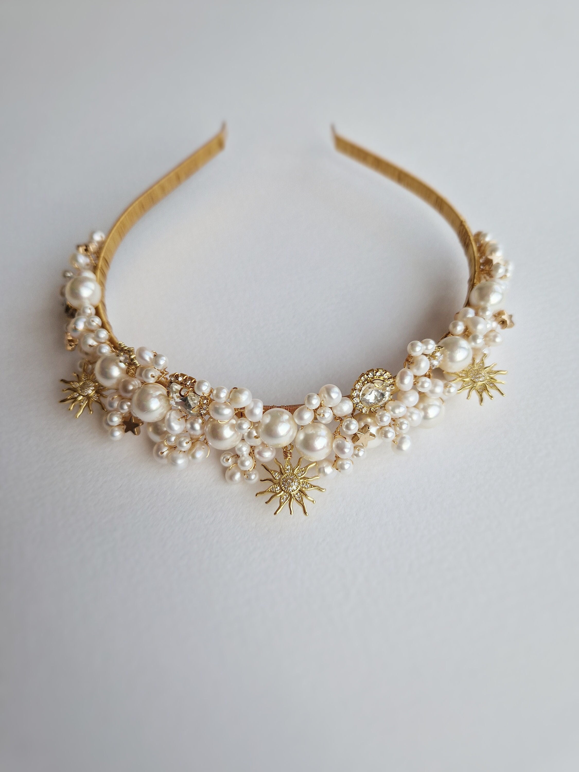 Pearl Headband, Pearl Crown, Gold Halo Crown, Beach Bridal Hair ...