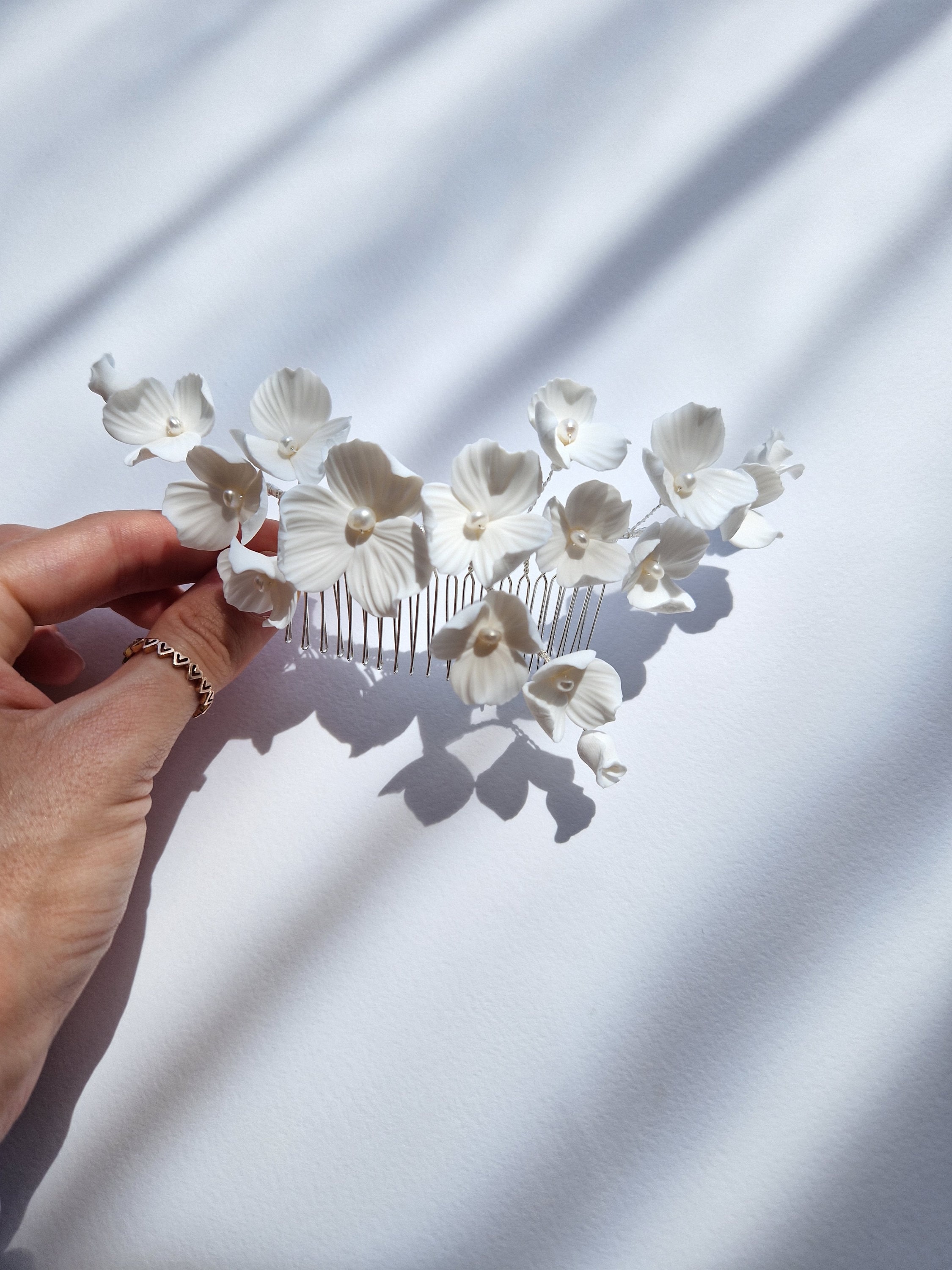 White Flower Bridal Comb,pearl Bridal Hair Comb,clay Hair Comb ...