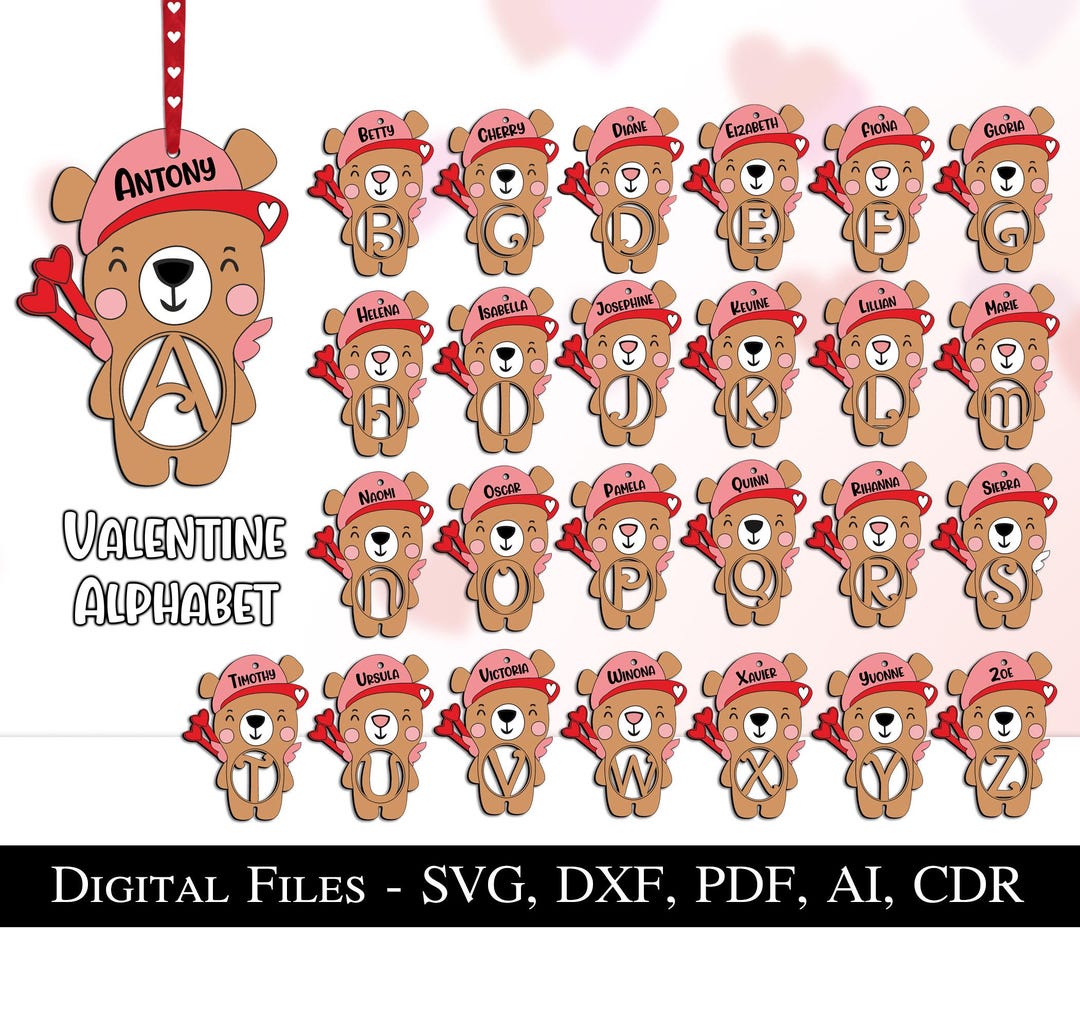 26 St. Valentine Day Cupid Bear Letter Ornaments English Alphabet SVG ...