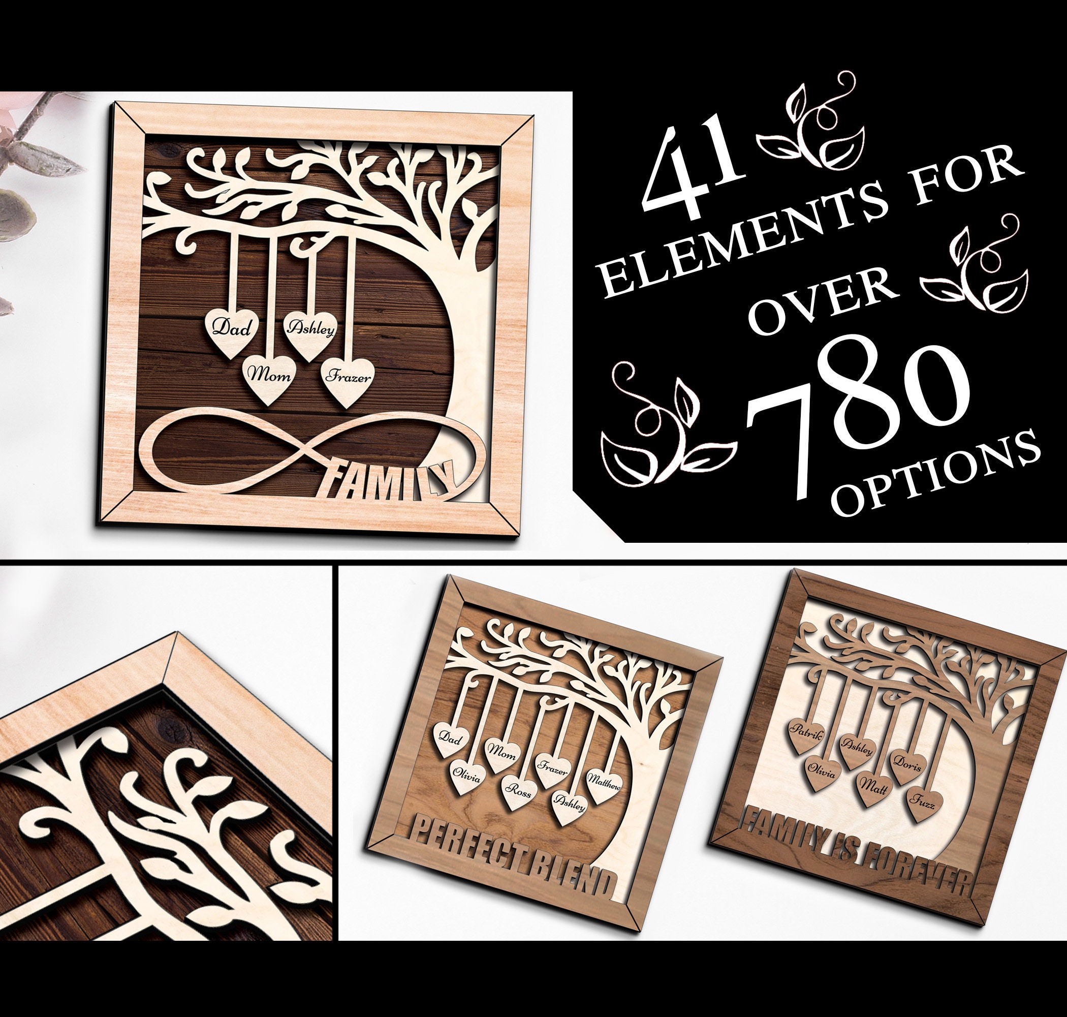 2-10 Names Personalized Family Tree Frame,svg Laser-ready Cut File ...