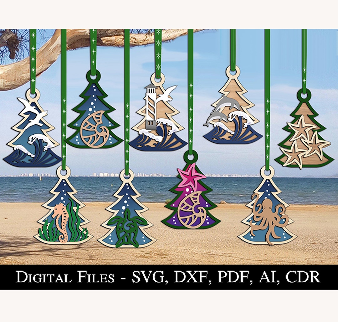 Nautical Costal Sea Christmas Tree Ornaments SVG Laser Cut File Set of ...