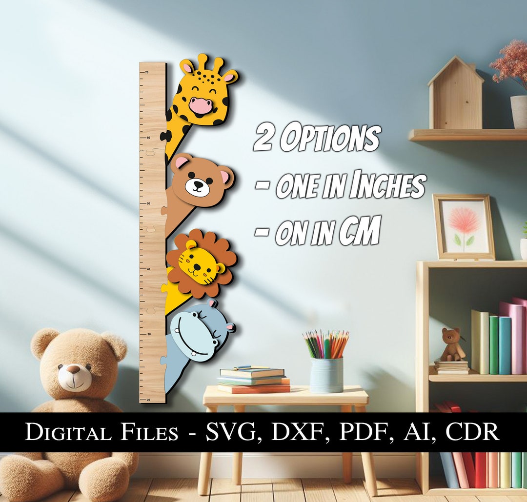 Animals Growth Chart Ruler SVG Laser Cut File Kids Room Decor Puzzle ...