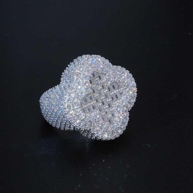 Iced Out Hip Hop Clover Ring, Iced BAGUETTE CLOVER RING, Silver Clover ...