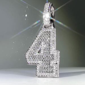 Emerald Cut VVS1 Moissanite Layered Number "4" Pendant, Iced Out Chunky ...